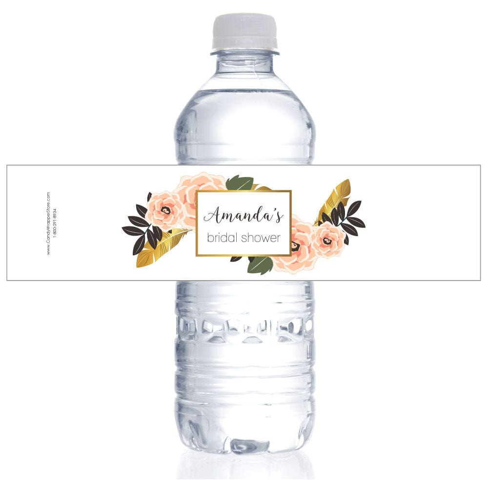 Elegant Pink and Gold Flowers and Leaves Bridal Shower Water Bottle La ...