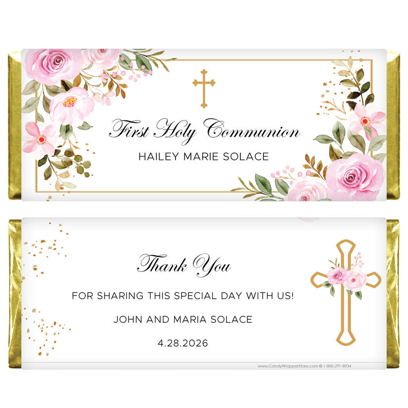 Pink Floral and Gold Cross Religious Candy Bar Wrappers – Candy Wrapper ...
