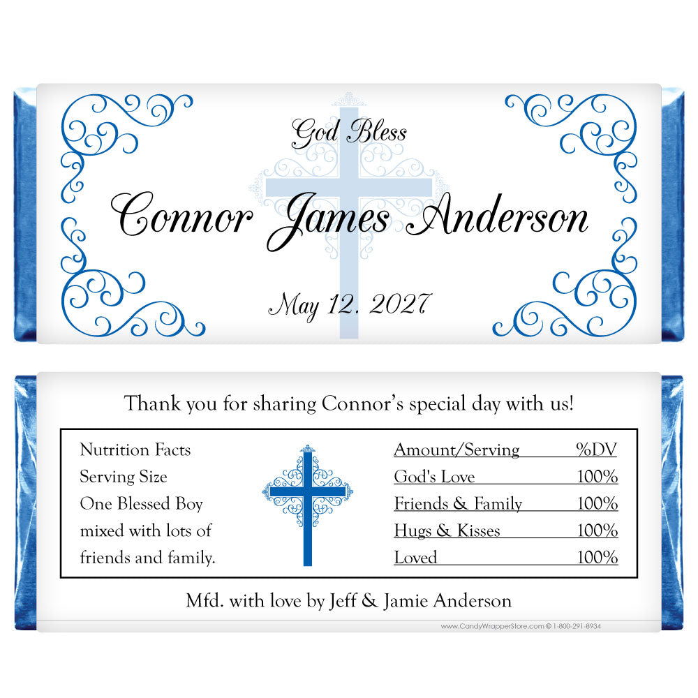 Elegant Blue Scroll and Cross Religious Candy Wrapper – Candy Wrapper Store