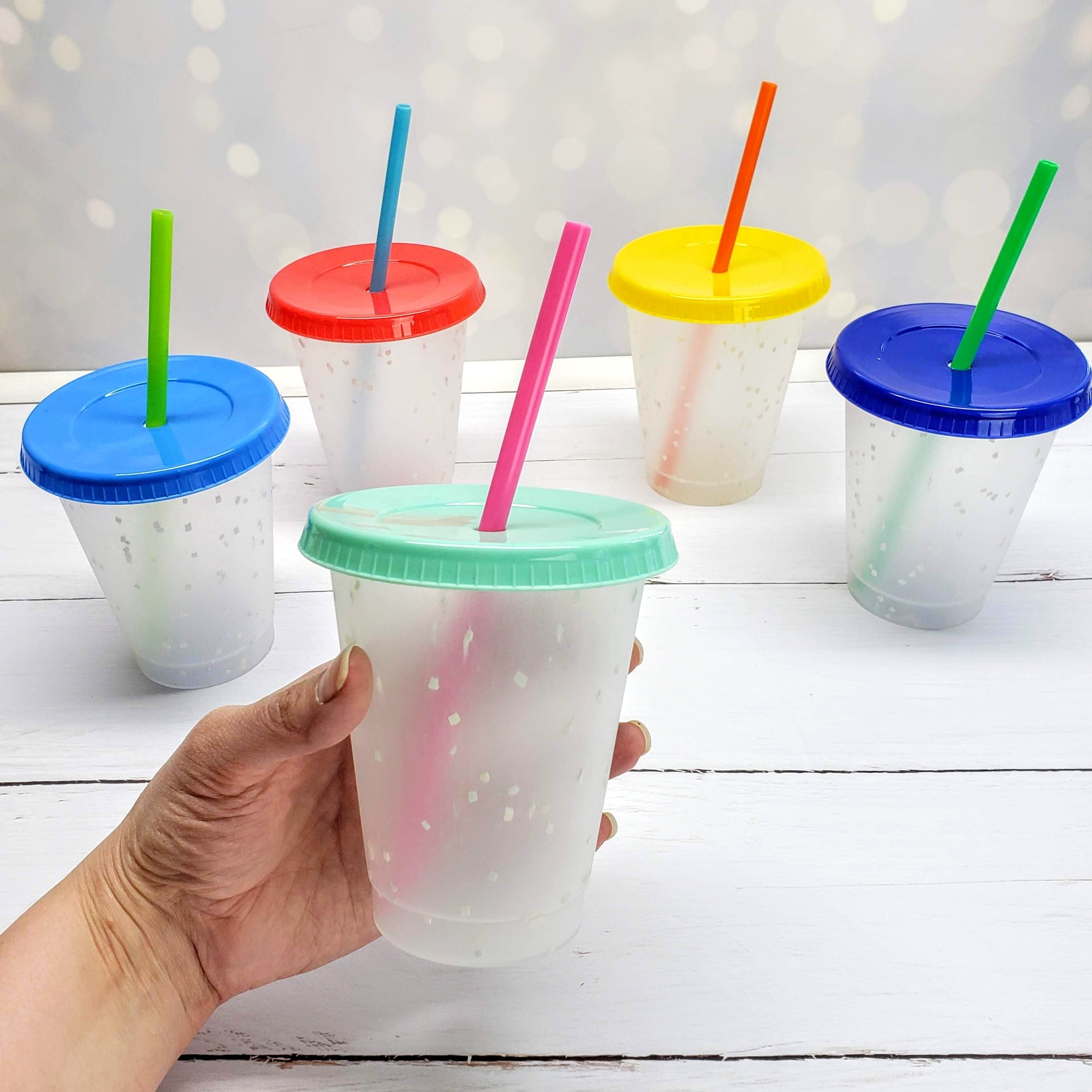 Set of 5 Confetti Color Changing Kids Cups with Colored Lids and Straw ...